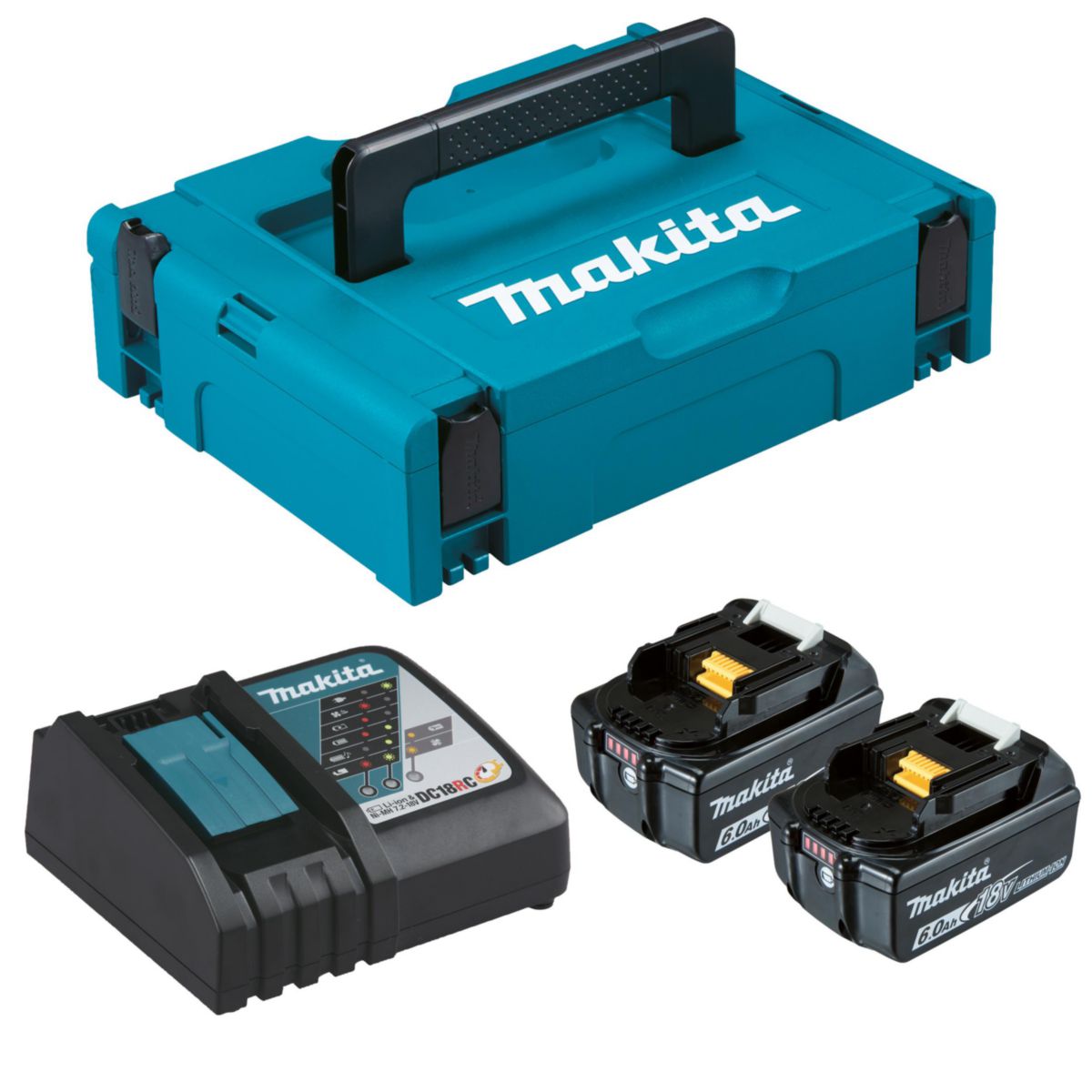 MAKITA - Pack Energie 18V Li-Ion 2 batteries BL1860B + 1 chargeur DC18RC + coffret MAKPAC Réf ...